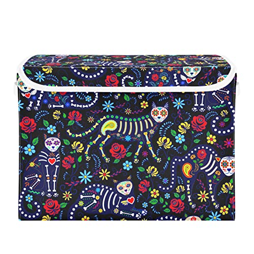 DOMIKING Cats Skulls Day Of The Dead Collapsible Rectangular Storage Bins with Lids Decorative Lidded Basket for Toys Organizers Fabric Storage Boxes with Handles for Home Clothes and Books