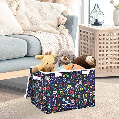 DOMIKING Cats Skulls Day Of The Dead Collapsible Rectangular Storage Bins with Lids Decorative Lidded Basket for Toys Organizers Fabric Storage Boxes with Handles for Home Clothes and Books