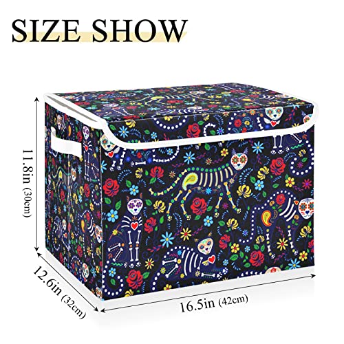 DOMIKING Cats Skulls Day Of The Dead Collapsible Rectangular Storage Bins with Lids Decorative Lidded Basket for Toys Organizers Fabric Storage Boxes with Handles for Home Clothes and Books