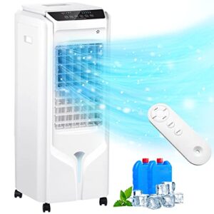 uthfy evaporative air cooler, 32" swamp cooler with 4.2 gallons water tank, remote control, 90° oscillation cooling fan with 3 speeds, 12h timer, 3 in 1 tower fan thats blow cold air for home, office