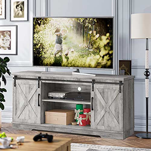 IDEALHOUSE Farmhouse TV Stand for 65 Inch TV, Entertainment Center TV Media Console Table, Tall TV Stand with Barn Doors, Storage and Shelves, Grey Modern TV Console Cabinet Furniture for Living Room