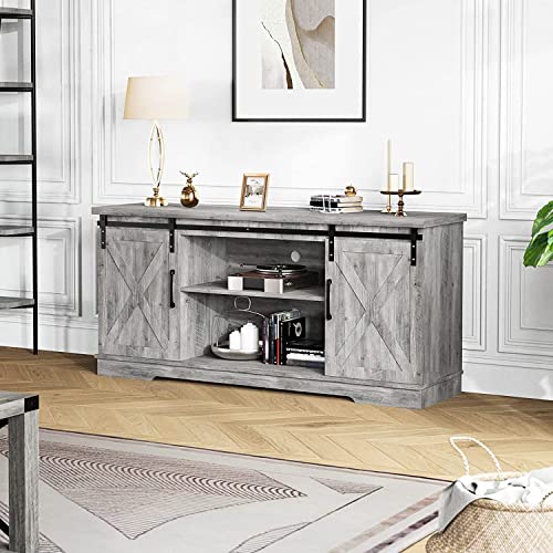 IDEALHOUSE Farmhouse TV Stand for 65 Inch TV, Entertainment Center TV Media Console Table, Tall TV Stand with Barn Doors, Storage and Shelves, Grey Modern TV Console Cabinet Furniture for Living Room