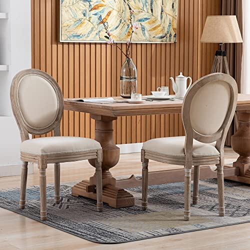 Dining Chairs Upholstered Fabric Chair French Wooden Desk Chair Farmhouse Chairs with Round Back Mid Century with Solid Rubberwood Leg for Dining Room Bedroom Kitchen Restaurant Beige Set of 2