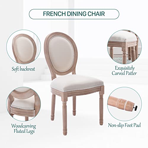 Dining Chairs Upholstered Fabric Chair French Wooden Desk Chair Farmhouse Chairs with Round Back Mid Century with Solid Rubberwood Leg for Dining Room Bedroom Kitchen Restaurant Beige Set of 2