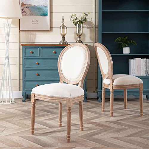 Dining Chairs Upholstered Fabric Chair French Wooden Desk Chair Farmhouse Chairs with Round Back Mid Century with Solid Rubberwood Leg for Dining Room Bedroom Kitchen Restaurant Beige Set of 2