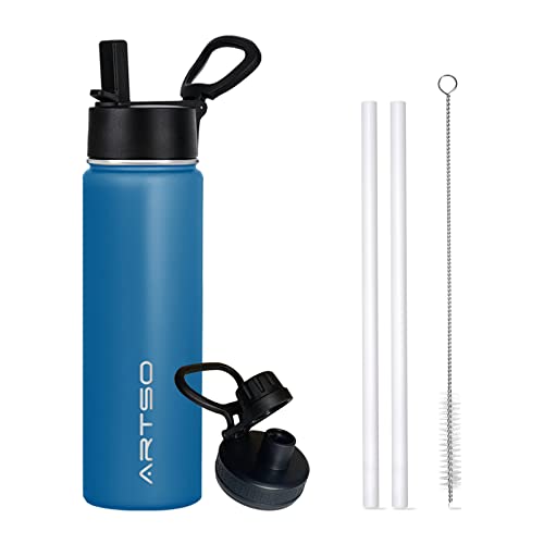 ARTSO 24oz Stainless Steel Insulated Water Bottle with Straw & Two Lids,Double Walled Vacuum Insulated Leak Proof Hot Cold Water Bottles, Cobalt