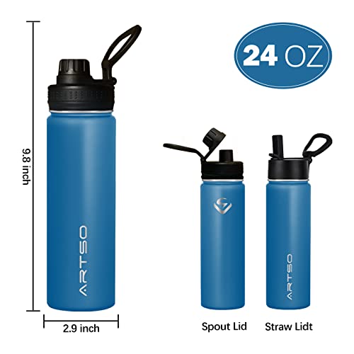 ARTSO 24oz Stainless Steel Insulated Water Bottle with Straw & Two Lids,Double Walled Vacuum Insulated Leak Proof Hot Cold Water Bottles, Cobalt