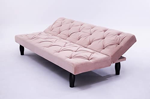 66"Modern Velvet Futon Sofa Bed,Convertible Folding Sleeper Sofa with 3 Angles Adjustable Back,Wood Legs,Small Couch Bed Recliner for Small Space,Living Room Bedroom Apartment Dorms Office (Pink)