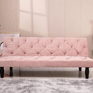 66"Modern Velvet Futon Sofa Bed,Convertible Folding Sleeper Sofa with 3 Angles Adjustable Back,Wood Legs,Small Couch Bed Recliner for Small Space,Living Room Bedroom Apartment Dorms Office (Pink)