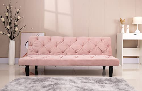 66"Modern Velvet Futon Sofa Bed,Convertible Folding Sleeper Sofa with 3 Angles Adjustable Back,Wood Legs,Small Couch Bed Recliner for Small Space,Living Room Bedroom Apartment Dorms Office (Pink)