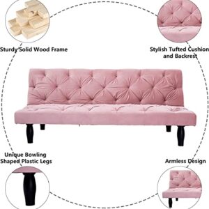 66"Modern Velvet Futon Sofa Bed,Convertible Folding Sleeper Sofa with 3 Angles Adjustable Back,Wood Legs,Small Couch Bed Recliner for Small Space,Living Room Bedroom Apartment Dorms Office (Pink)