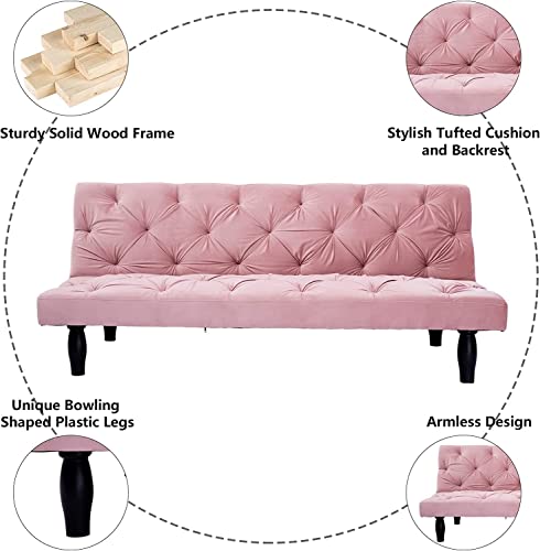 66"Modern Velvet Futon Sofa Bed,Convertible Folding Sleeper Sofa with 3 Angles Adjustable Back,Wood Legs,Small Couch Bed Recliner for Small Space,Living Room Bedroom Apartment Dorms Office (Pink)