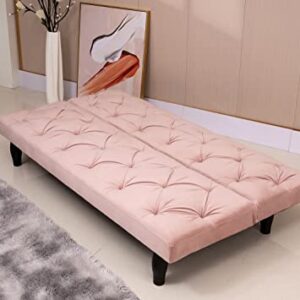 66"Modern Velvet Futon Sofa Bed,Convertible Folding Sleeper Sofa with 3 Angles Adjustable Back,Wood Legs,Small Couch Bed Recliner for Small Space,Living Room Bedroom Apartment Dorms Office (Pink)