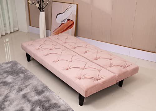 66"Modern Velvet Futon Sofa Bed,Convertible Folding Sleeper Sofa with 3 Angles Adjustable Back,Wood Legs,Small Couch Bed Recliner for Small Space,Living Room Bedroom Apartment Dorms Office (Pink)