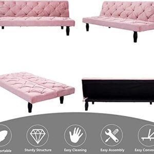 66"Modern Velvet Futon Sofa Bed,Convertible Folding Sleeper Sofa with 3 Angles Adjustable Back,Wood Legs,Small Couch Bed Recliner for Small Space,Living Room Bedroom Apartment Dorms Office (Pink)