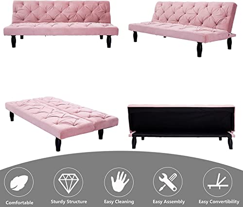 66"Modern Velvet Futon Sofa Bed,Convertible Folding Sleeper Sofa with 3 Angles Adjustable Back,Wood Legs,Small Couch Bed Recliner for Small Space,Living Room Bedroom Apartment Dorms Office (Pink)