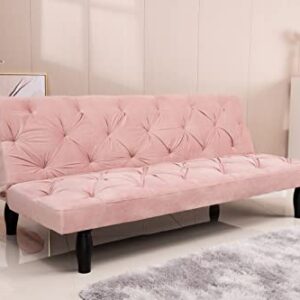 66"Modern Velvet Futon Sofa Bed,Convertible Folding Sleeper Sofa with 3 Angles Adjustable Back,Wood Legs,Small Couch Bed Recliner for Small Space,Living Room Bedroom Apartment Dorms Office (Pink)