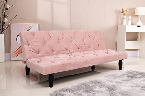 66"Modern Velvet Futon Sofa Bed,Convertible Folding Sleeper Sofa with 3 Angles Adjustable Back,Wood Legs,Small Couch Bed Recliner for Small Space,Living Room Bedroom Apartment Dorms Office (Pink)