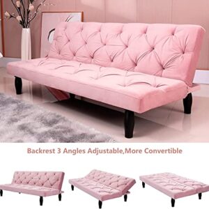 66"Modern Velvet Futon Sofa Bed,Convertible Folding Sleeper Sofa with 3 Angles Adjustable Back,Wood Legs,Small Couch Bed Recliner for Small Space,Living Room Bedroom Apartment Dorms Office (Pink)