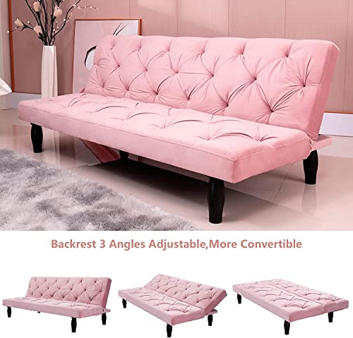 66"Modern Velvet Futon Sofa Bed,Convertible Folding Sleeper Sofa with 3 Angles Adjustable Back,Wood Legs,Small Couch Bed Recliner for Small Space,Living Room Bedroom Apartment Dorms Office (Pink)