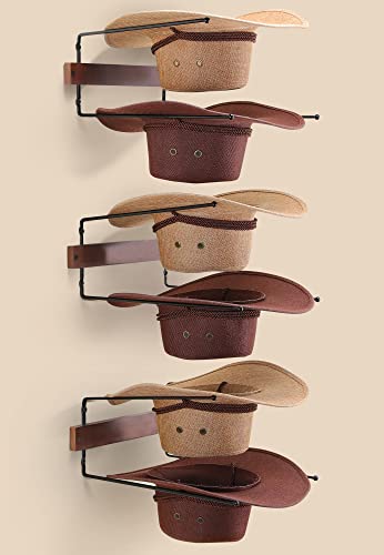 Taozun Cowboy Hat Rack - for Hat Holder Hat Organizer- 6 Pieces Hat Storage for wall with Wooden Board and Display Cowboy hat srack, Black Metal Hat Holder Wall Organizer