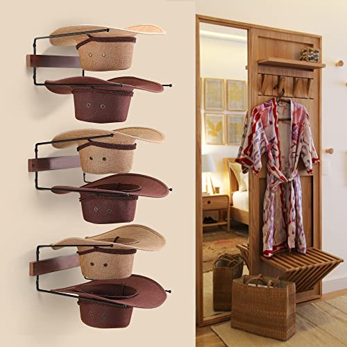 Taozun Cowboy Hat Rack - for Hat Holder Hat Organizer- 6 Pieces Hat Storage for wall with Wooden Board and Display Cowboy hat srack, Black Metal Hat Holder Wall Organizer