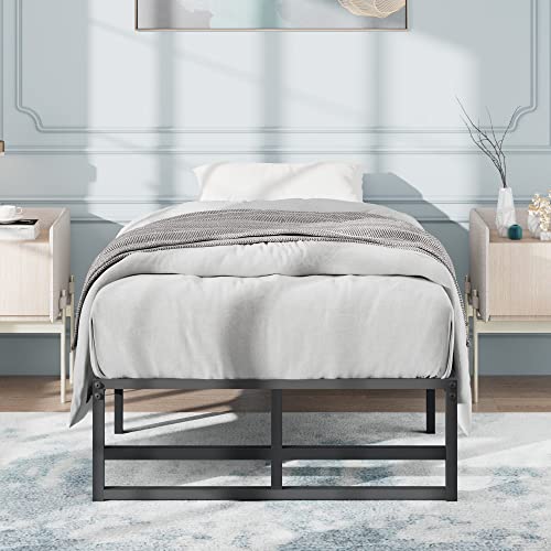 Vellieve Twin Bed Frame 14” Metal Platform Bed with Storage, Heavy Duty Steel Slats Support, 1000 lbs Weight Capacity, No Box Spring Needed, Noise Free, Non-Slip, Easy Assembly, Black