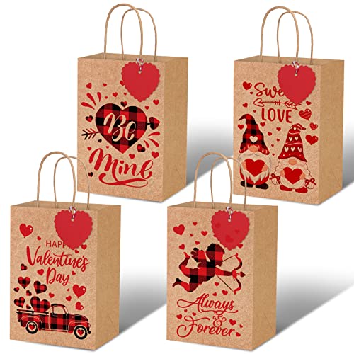 Whaline 24 Pack Valentine's Day Kraft Paper Gift Bags with Handle Red Black Buffalo Plaid Party Favor Bags with Tag and Cotton Rope for Gift Wrapping Wedding Anniversary Party Supplies, 4 Design