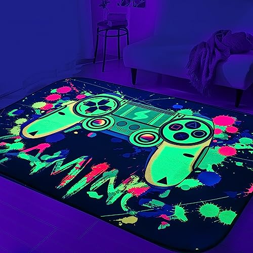 Gaming Room Decor Rug Gamer Rugs for Bedroom UV Reactive Blacklight Video Area Rug Game Room Glow in The Dark Playroom Large Non-Slip Gaming Rugs Carpet Mat for Bedroom Living Room 60X40inch