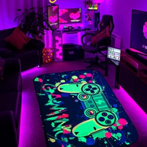 Gaming Room Decor Rug Gamer Rugs for Bedroom UV Reactive Blacklight Video Area Rug Game Room Glow in The Dark Playroom Large Non-Slip Gaming Rugs Carpet Mat for Bedroom Living Room 60X40inch