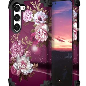 Hocase for Galaxy S23 Case, Shockproof Heavy Duty Protection Soft Silicone Rubber Bumper+Hard Plastic Hybrid Protective Case for Samsung Galaxy S23 (6.1" Display) 2023 - Royal Purple Flowers