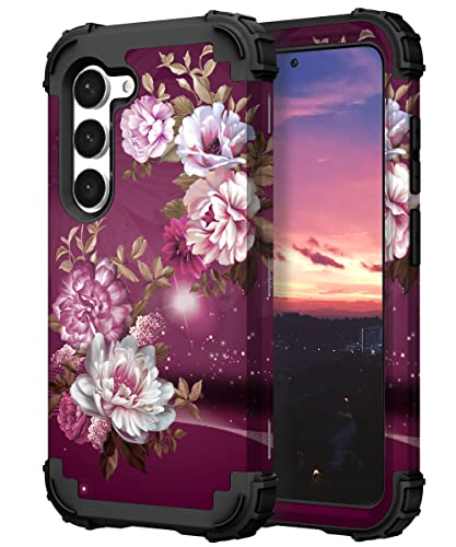 Hocase for Galaxy S23 Case, Shockproof Heavy Duty Protection Soft Silicone Rubber Bumper+Hard Plastic Hybrid Protective Case for Samsung Galaxy S23 (6.1" Display) 2023 - Royal Purple Flowers