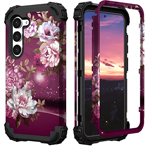 Hocase for Galaxy S23 Case, Shockproof Heavy Duty Protection Soft Silicone Rubber Bumper+Hard Plastic Hybrid Protective Case for Samsung Galaxy S23 (6.1" Display) 2023 - Royal Purple Flowers