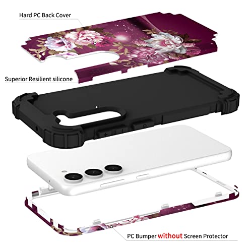 Hocase for Galaxy S23 Case, Shockproof Heavy Duty Protection Soft Silicone Rubber Bumper+Hard Plastic Hybrid Protective Case for Samsung Galaxy S23 (6.1" Display) 2023 - Royal Purple Flowers