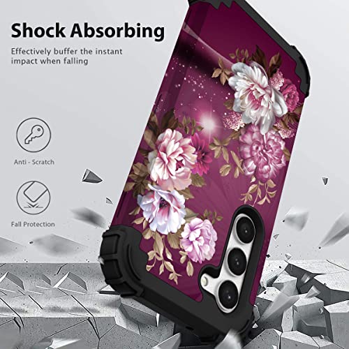 Hocase for Galaxy S23 Case, Shockproof Heavy Duty Protection Soft Silicone Rubber Bumper+Hard Plastic Hybrid Protective Case for Samsung Galaxy S23 (6.1" Display) 2023 - Royal Purple Flowers