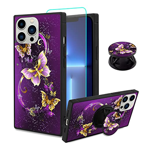 SAKUULO iPhone 13 Pro Max Case,[Screen Protector + Kickstand] Square Cute Purple Butterfly Print Design Soft TPU Edge Protection Shock Absorption Slim Hard PC Case for iPhone 13 Pro Max 6.7 Inch