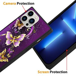 SAKUULO iPhone 13 Pro Max Case,[Screen Protector + Kickstand] Square Cute Purple Butterfly Print Design Soft TPU Edge Protection Shock Absorption Slim Hard PC Case for iPhone 13 Pro Max 6.7 Inch