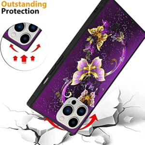 SAKUULO iPhone 13 Pro Max Case,[Screen Protector + Kickstand] Square Cute Purple Butterfly Print Design Soft TPU Edge Protection Shock Absorption Slim Hard PC Case for iPhone 13 Pro Max 6.7 Inch