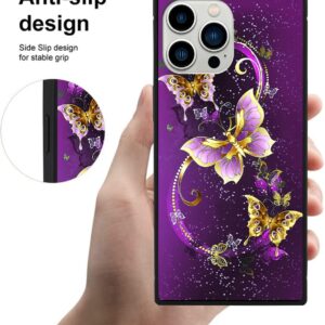 SAKUULO iPhone 13 Pro Max Case,[Screen Protector + Kickstand] Square Cute Purple Butterfly Print Design Soft TPU Edge Protection Shock Absorption Slim Hard PC Case for iPhone 13 Pro Max 6.7 Inch