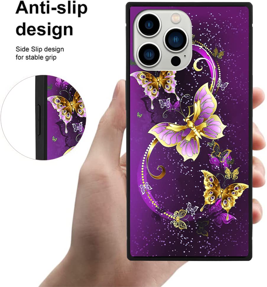 SAKUULO iPhone 13 Pro Max Case,[Screen Protector + Kickstand] Square Cute Purple Butterfly Print Design Soft TPU Edge Protection Shock Absorption Slim Hard PC Case for iPhone 13 Pro Max 6.7 Inch