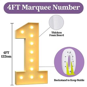 4FT Giant Marquee Light Up Numbers, Big Marquee Numbers 1 for 1st 16th 21st Birthday Decorations, Large Light Up Numbers for Party Decor Anniversary, Pre-cut Foamboad Mosaic Numbers Letters Balloons