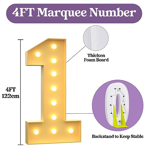 4FT Giant Marquee Light Up Numbers, Big Marquee Numbers 1 for 1st 16th 21st Birthday Decorations, Large Light Up Numbers for Party Decor Anniversary, Pre-cut Foamboad Mosaic Numbers Letters Balloons