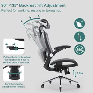 Ergonomic Mesh Office Chair, Home Office Desk Chairs with Adjustable Backrest, High Back Computer Desk Chair with Adjustable Headrest and Flip-Up Arms, Swivel Task Chair (Grey)