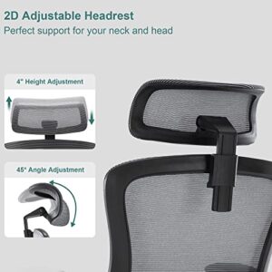 Ergonomic Mesh Office Chair, Home Office Desk Chairs with Adjustable Backrest, High Back Computer Desk Chair with Adjustable Headrest and Flip-Up Arms, Swivel Task Chair (Grey)