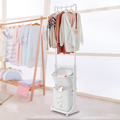 White Laundry Basket Bathroom Multi-layer Clothes Storage Basket Household Bathroom Simple Storage Shelf Kitchen Shelf Fruit Stand, 17.3 * 13 * 68.5in…