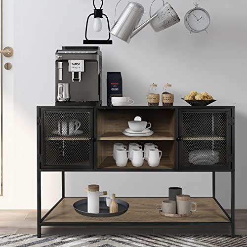 LTMEUTY Sideboard Buffet - Industrial Storage Cabinet, Coffee Bar Cabinet with Mesh Doors, Console Table Coffee Station, for Home, Living Room, Dining Room, Kitchen, Light Brown