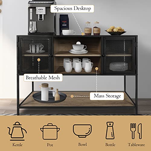 LTMEUTY Sideboard Buffet - Industrial Storage Cabinet, Coffee Bar Cabinet with Mesh Doors, Console Table Coffee Station, for Home, Living Room, Dining Room, Kitchen, Light Brown