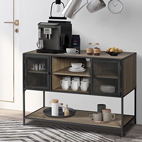 LTMEUTY Sideboard Buffet - Industrial Storage Cabinet, Coffee Bar Cabinet with Mesh Doors, Console Table Coffee Station, for Home, Living Room, Dining Room, Kitchen, Light Brown