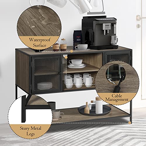 LTMEUTY Sideboard Buffet - Industrial Storage Cabinet, Coffee Bar Cabinet with Mesh Doors, Console Table Coffee Station, for Home, Living Room, Dining Room, Kitchen, Light Brown