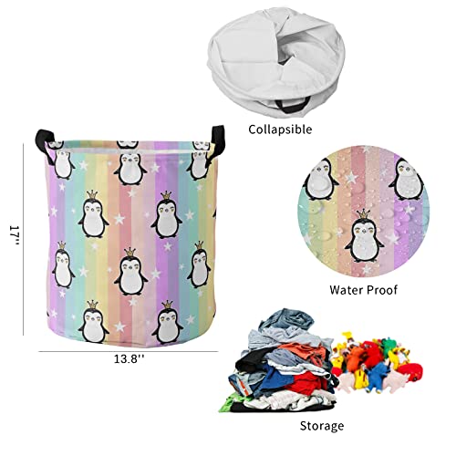 Oxford Fabric Storage Bin Cute Penguin on Stripes Rainbow Stars Krisyeol Waterproof Collapsible Laundry Basket Dirty Clothes Hamper with Handles Storage Baskets Organizer 17x13.8